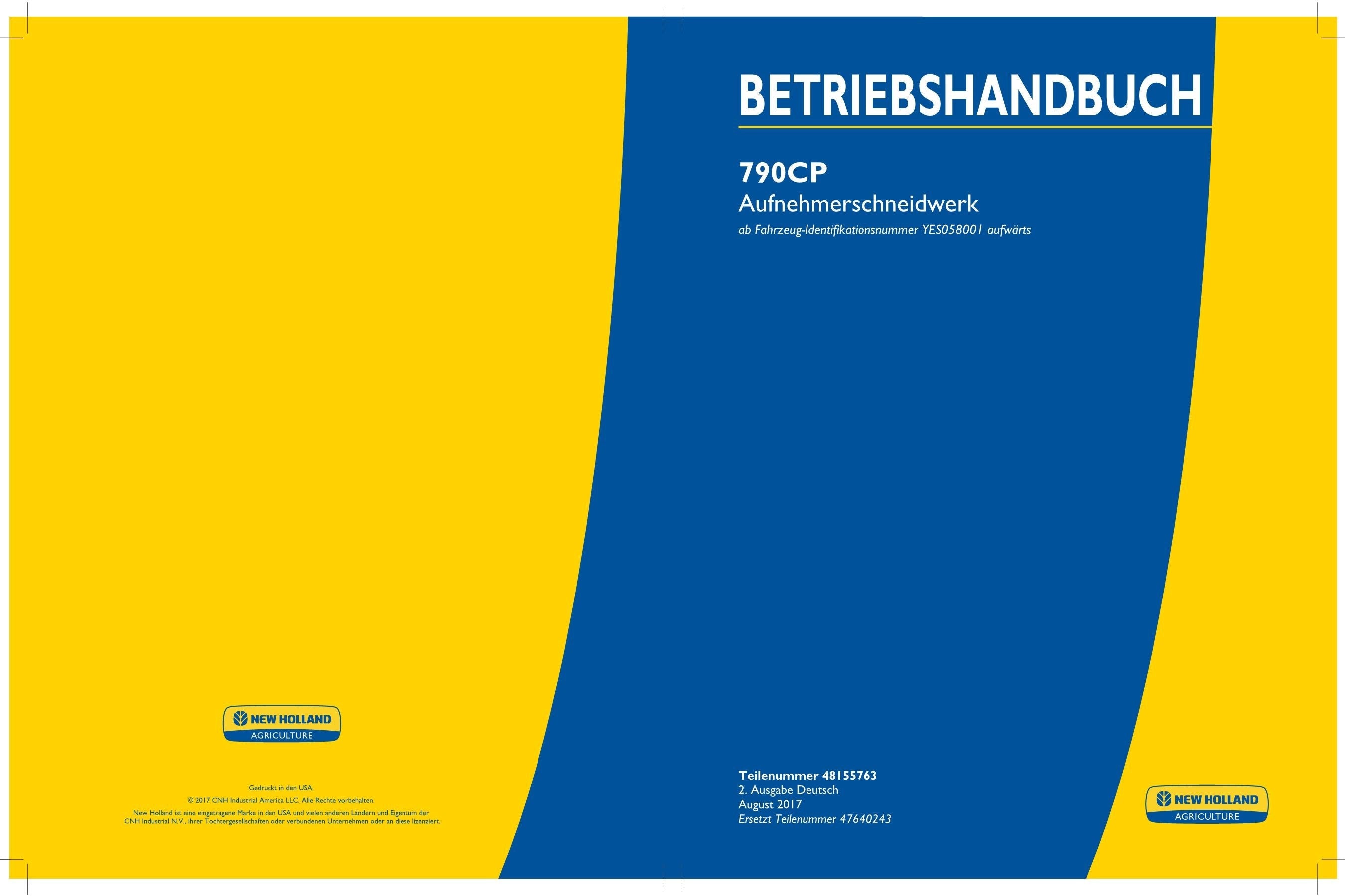 New Holland 790CP Aufnehmerschneidwerk Betriebsanleitung YES058001 auf ...