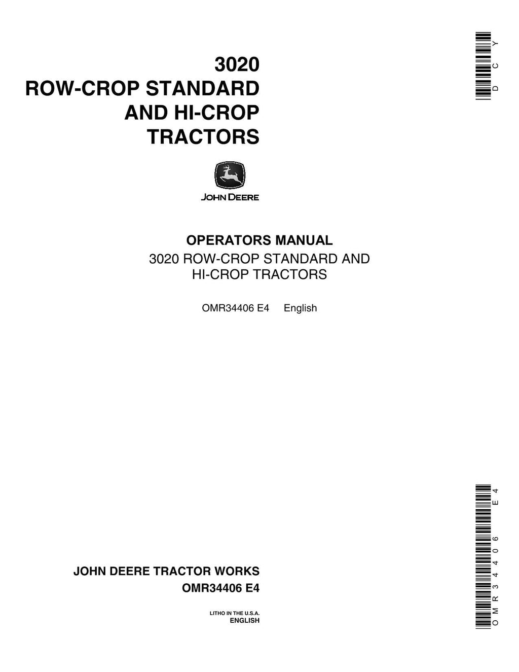 JOHN DEERE 3020 STANDARD HI-CROP TRACTOR OPERATORS MANUAL 0 - 122999 ...