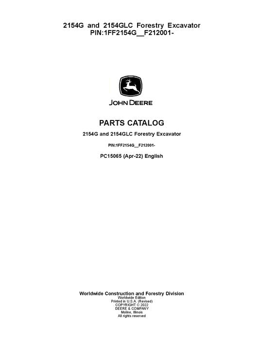 JOHN DEERE 2154G 2154GLC FORESTY EXCAVATOR PARTS CATALOG MANUAL F21200 ...