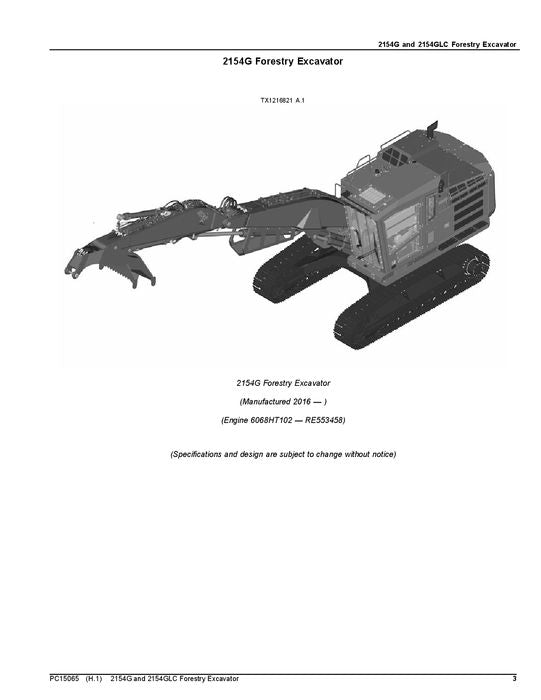 JOHN DEERE 2154G 2154GLC FORESTY EXCAVATOR PARTS CATALOG MANUAL F21200 ...