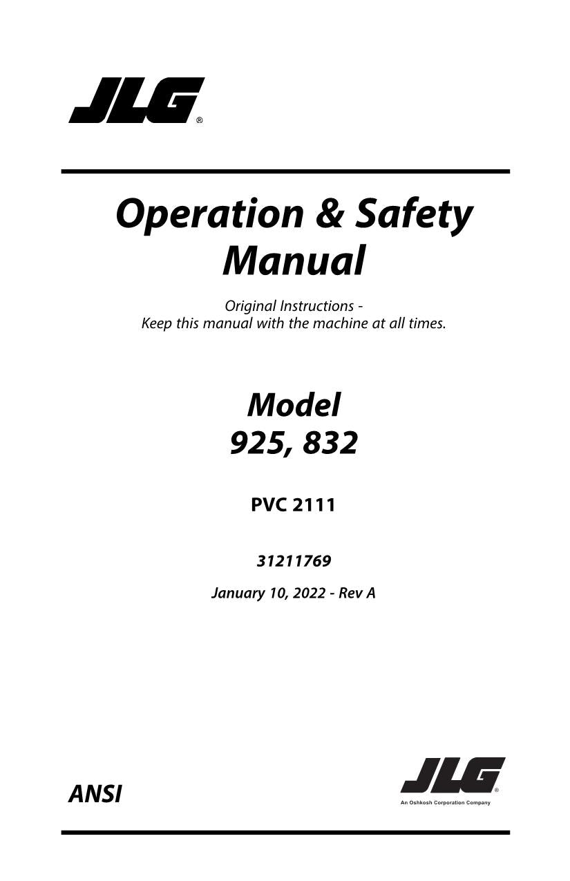 JLG 832 925 Telehandler Maintenance Operation Operators Manual 3121176 ...