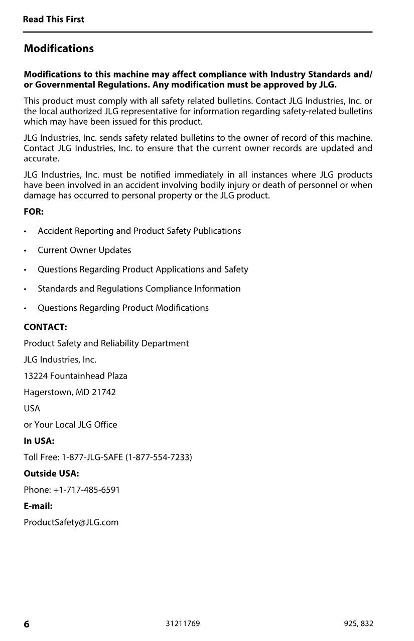 JLG 832 925 Telehandler Maintenance Operation Operators Manual 3121176 ...
